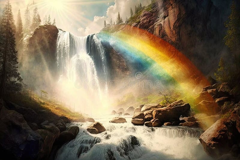 Rainbow Shining Over Cascading Waterfall, with the Sun Shining through ...