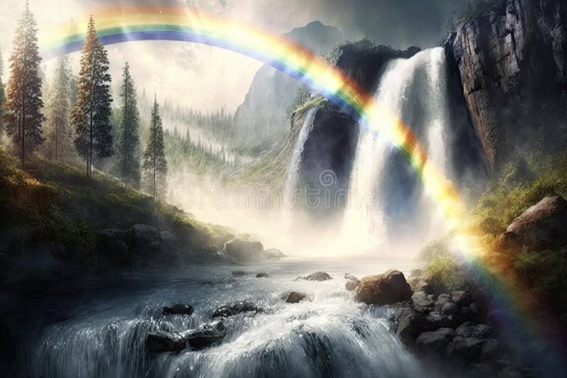 Rainbow Shining Over Cascading Waterfall, with the Sun Shining through ...