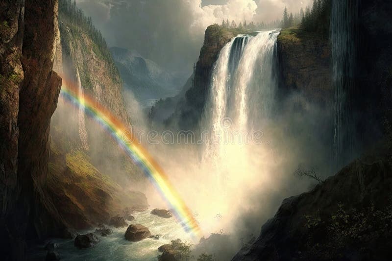 A Rainbow Shining Over a Waterfall with a Deep and Misty Ravine in the ...