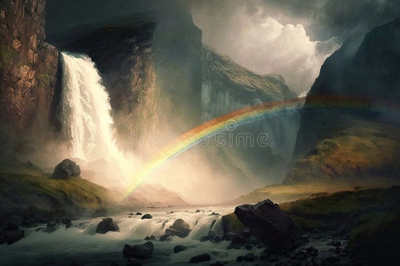 A Rainbow Shining Over a Waterfall with a Deep and Misty Ravine in the ...