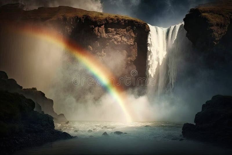A Rainbow Shining Over a Waterfall, with Mist Rising from the Water ...