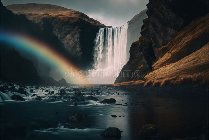 A Rainbow is Shining in the Sky Over a Waterfall and a River with Rocks ...