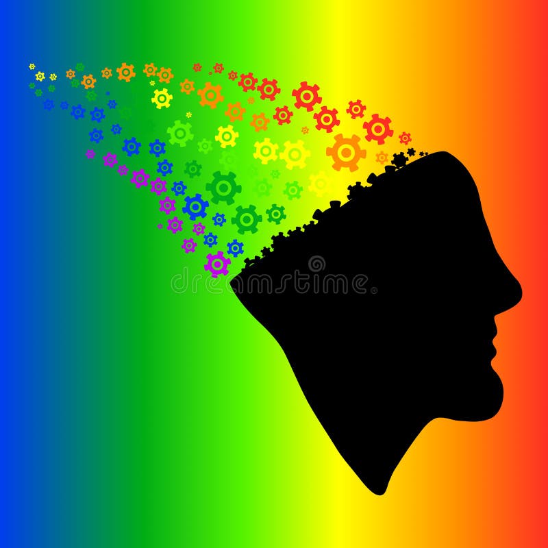 Rainbow Silhouette of the Head, Brain, and Cog Gears Vector ...