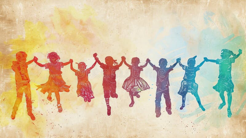 Rainbow Silhouettes of Children Jumping in Unison on a Textured ...