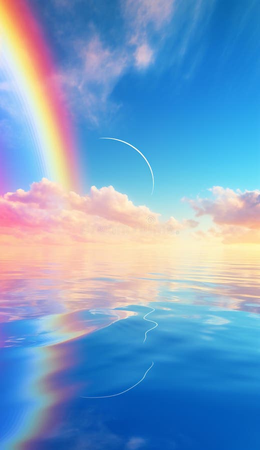Rainbow in the Sky and Clouds Reflected in Water Stock Illustration ...
