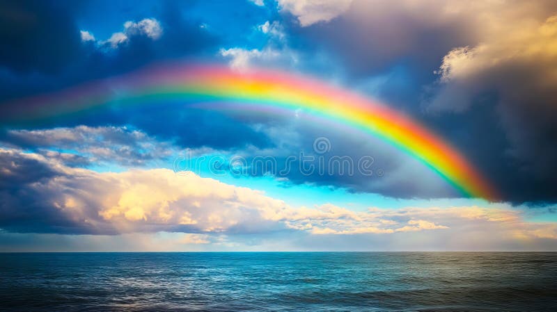 A Rainbow in the Sky Over the Ocean Under a Cloudy Sky Stock Photo ...
