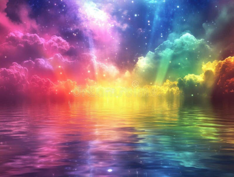 Rainbow Sky, Starry Sea Reflection Stock Illustration - Illustration of ...