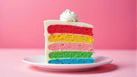 Rainbow Slice: Vibrant Layer Cake on Pink Background (Generated Using AI) Stock Illustration ...