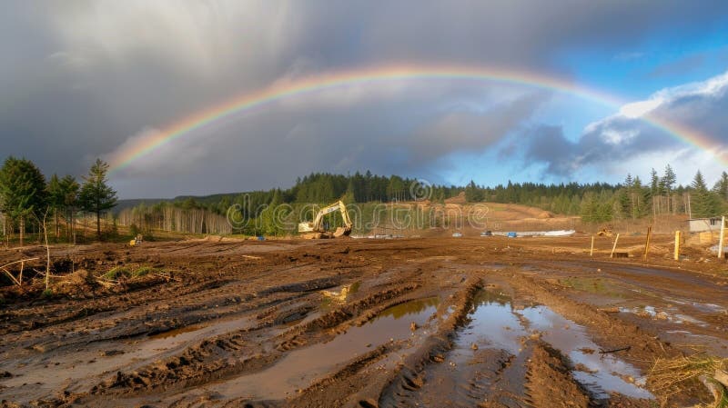 A Rainbow Spanning Over the Muddy Construction Site a Sign of Hope ...