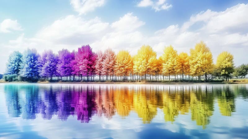 Rainbow Spectrum Trees Reflected on a Calm Lake with a Bright Sky Stock ...