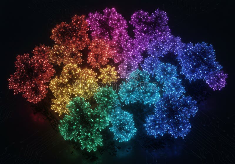 Rainbow Spiral of Glowing Particles on Dark Background Stock ...