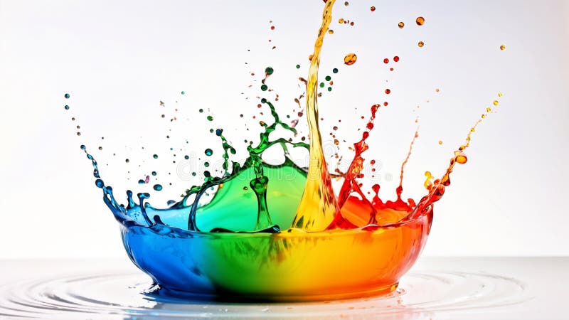 Rainbow Splash Mid-splash with Frozen Droplets Against White Backdrop ...