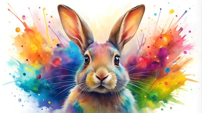 Rainbow Splashes: a Festive Watercolor Rabbit AI Generated Stock ...
