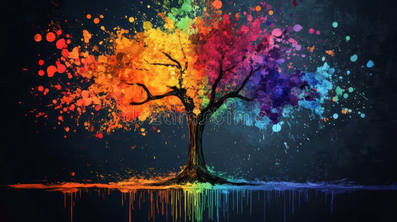 Rainbow Splatter Paint Tree Abstract Digital Art Stock Illustration ...