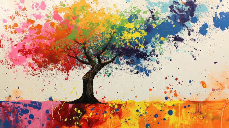 Rainbow Splatter Tree on White Canvas Stock Image - Image of graphic ...