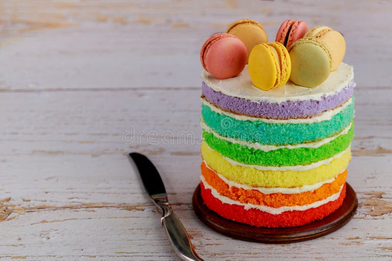 Rainbow Sponge Cake Decorated with Color Macaroons Stock Photo - Image ...
