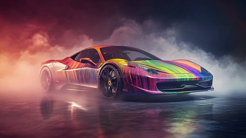 Rainbow Sports Car in Smoke: Artistic Digital Render Stock Illustration ...