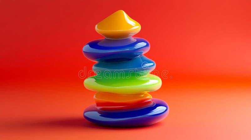Rainbow Stack of Glossy Shapes on Red Background Stock Illustration ...