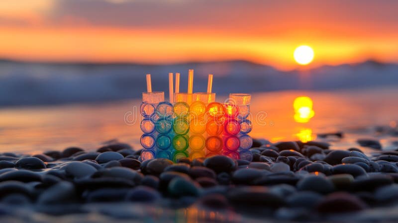 Rainbow Stack of Plastic Cups on Pebbles at Sunset Stock Photo - Image ...