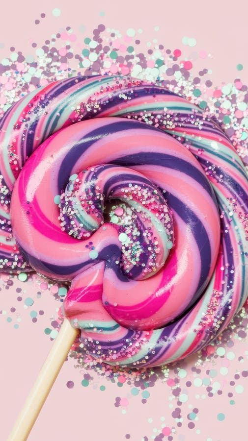 Rainbow Striped Candy Lollipop with Pink Glitter on Background Stock ...