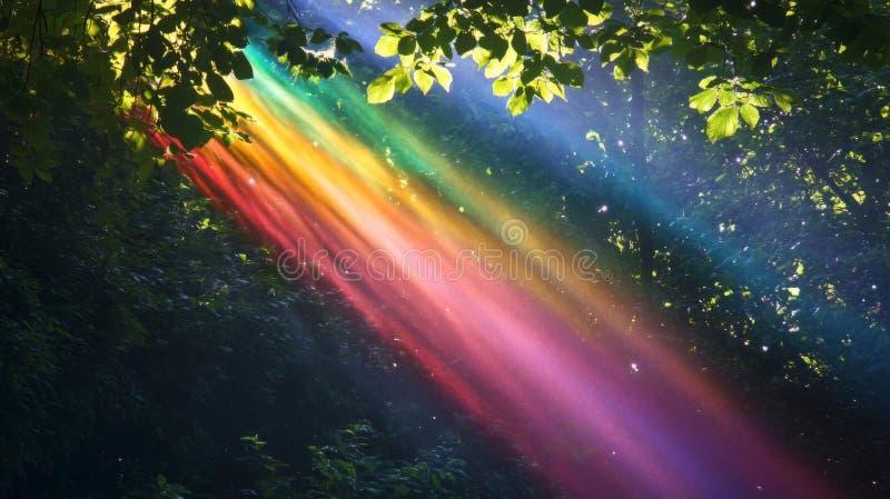 Rainbow Sunlight Beam in Lush Green Forest Stock Illustration ...