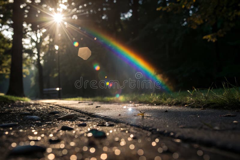 Rainbow Sunrise Dawn Park Nature Tree with Sunlight Lens Flare Sparkle ...