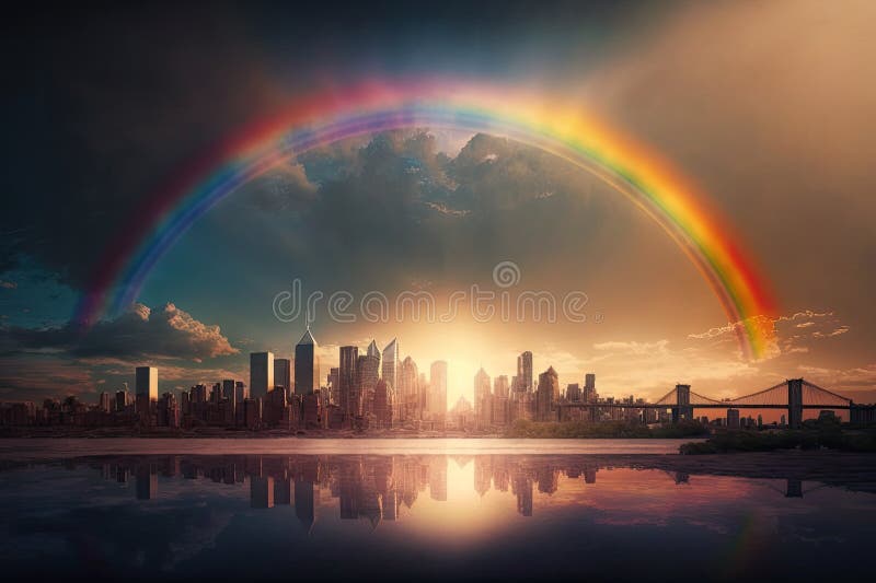 Rainbow at Sunrise, with the Sun Rising Over City Skyline Stock ...