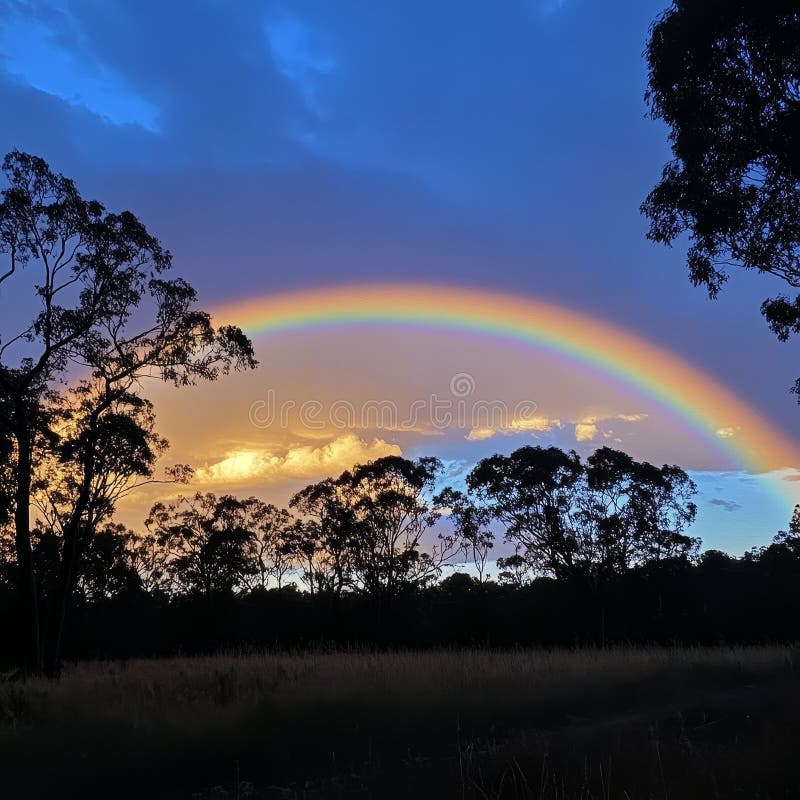Rainbow Sunset Over Trees stock illustration. Illustration of sunset ...