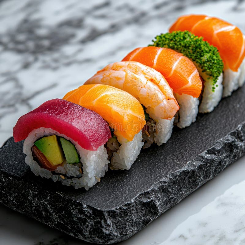 Rainbow Sushi Roll on Black Stone Plate Stock Illustration - Illustration of sashimi, black ...