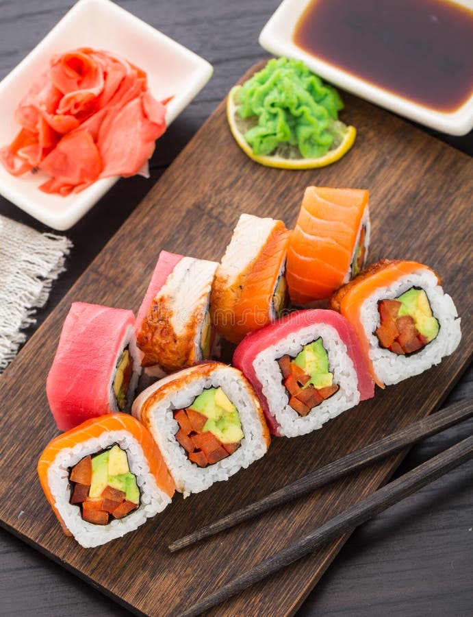 Rainbow Sushi Roll with Salmon, Tuna and Eel Stock Image - Image of ...