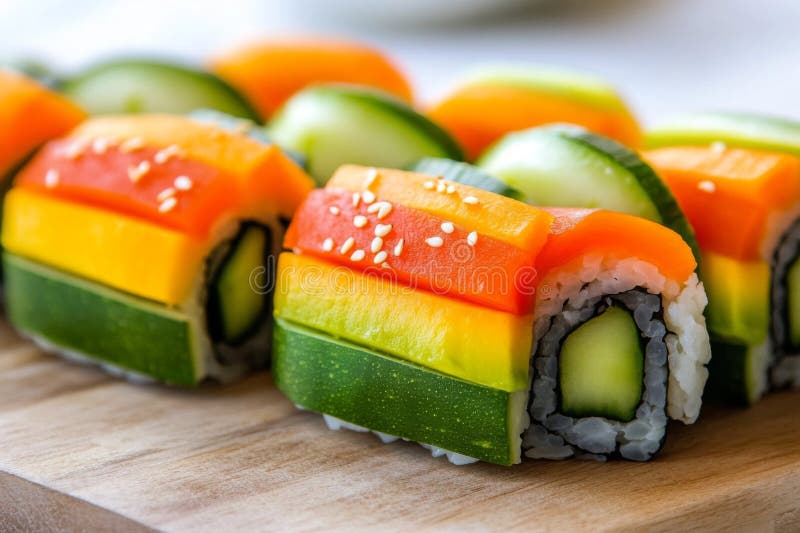 Rainbow Sushi Rolls with Cucumber and Sesame Seeds Stock Illustration ...