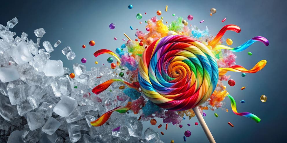 Rainbow Swirl Lollipop Exploding Amidst Ice and Candy. Generative AI ...