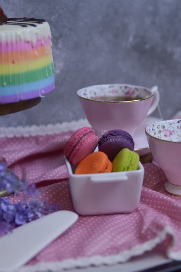 Rainbow Tart Cake and Macarons on the Table Stock Image - Image of ...