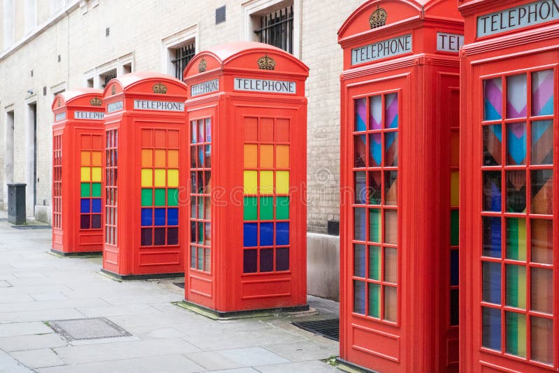 Rainbow Telephone Boxes in London Stock Photo - Image of telephone ...