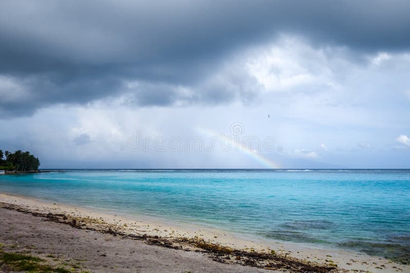 Rainbow on Temae Beach Lagoon in Moorea Island Stock Photo - Image of ...