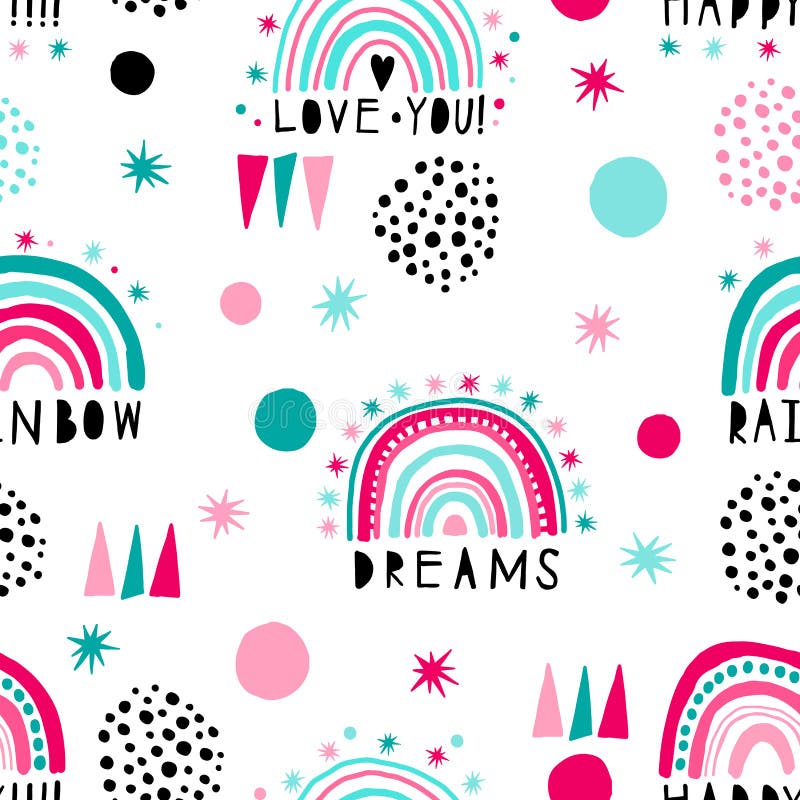 Rainbow and Text Seamless Pattern Child Color Naive Style. Abstract ...