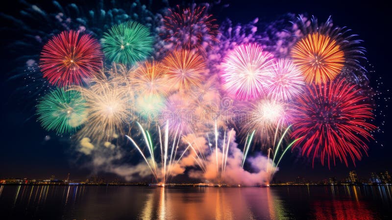 A Rainbow Themed Fireworks Display Stock Illustration - Illustration of ...