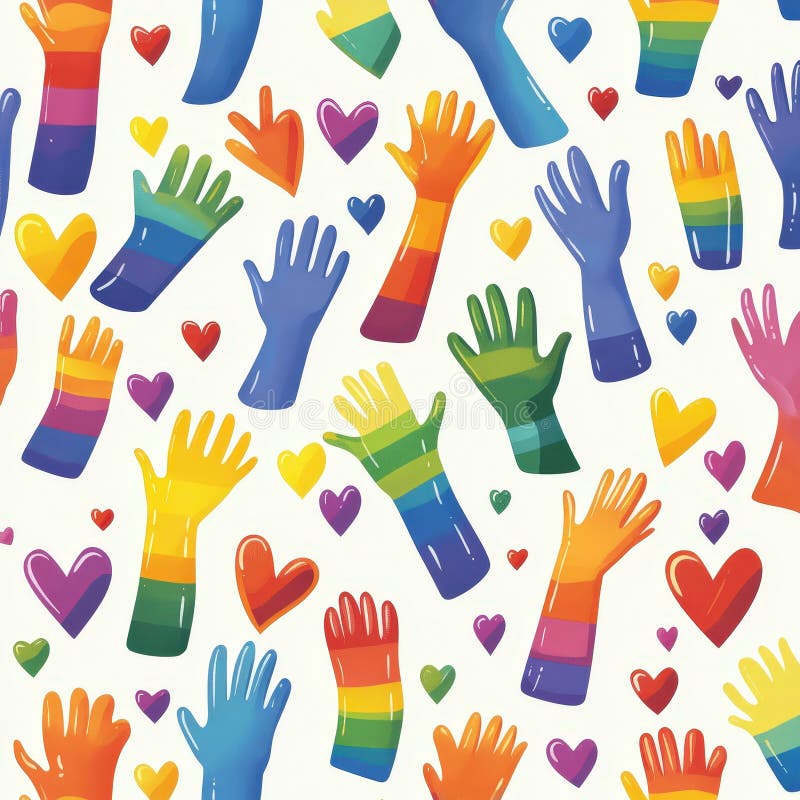 Rainbow-themed Illustrated Hands and Hearts Seamless Pattern Stock ...