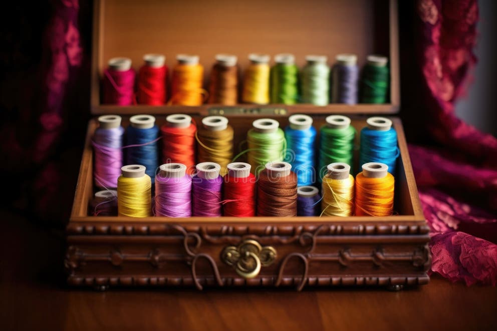 Rainbow of Thread Spools in a Sewing Box Stock Photo - Image of hobby ...