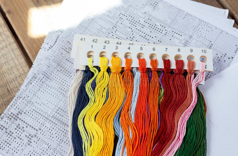 Rainbow of Threads. Rows of Colorful Embroidery Threads. Next To a ...