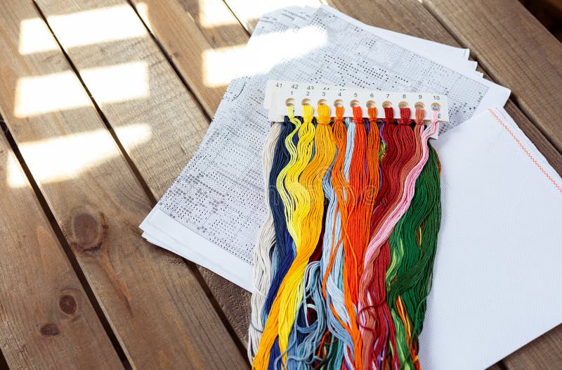 Rainbow of Threads. Rows of Colorful Embroidery Threads. Next To a ...