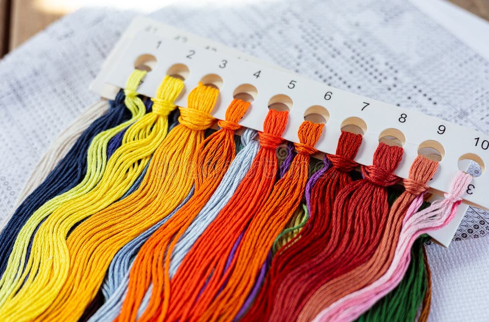 Rainbow of Threads. Rows of Colorful Embroidery Threads. Next To a ...