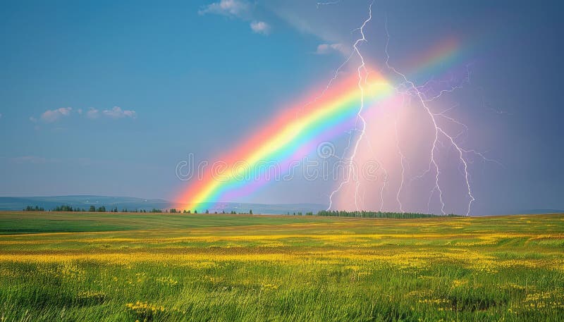 A Rainbow and Thunder is Seen in the Sky Above a Field of Yellow ...