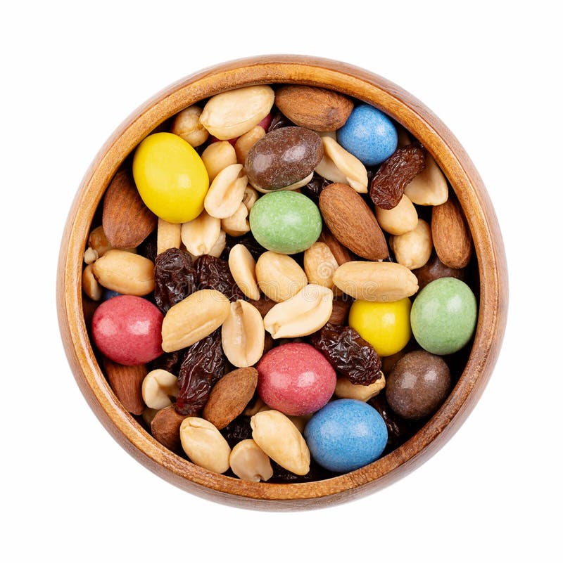 Rainbow Trail Mix with Sweets, Dried Fruits and Nuts in Wooden Bowl ...