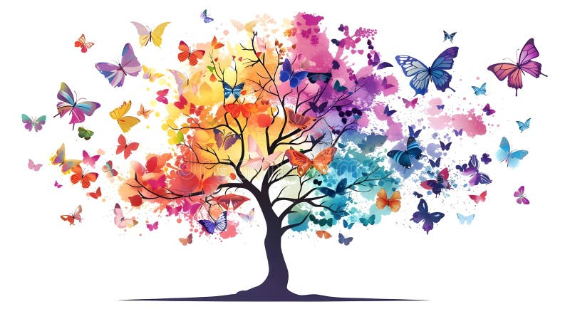 Rainbow Tree with Butterflies. Vector Illustration Stock Illustration ...