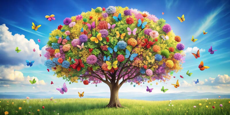 Rainbow Tree of Life Butterflies and Blossoms in Spring Stock ...