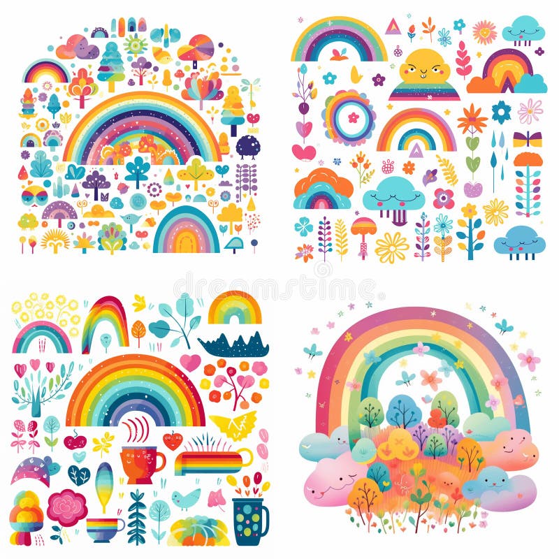 Rainbow with Trees and Flowers Stock Vector - Illustration of sweet ...