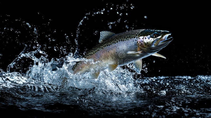 Rainbow Trout Fish Jumping with Splashing in Water Stock Image - Image ...