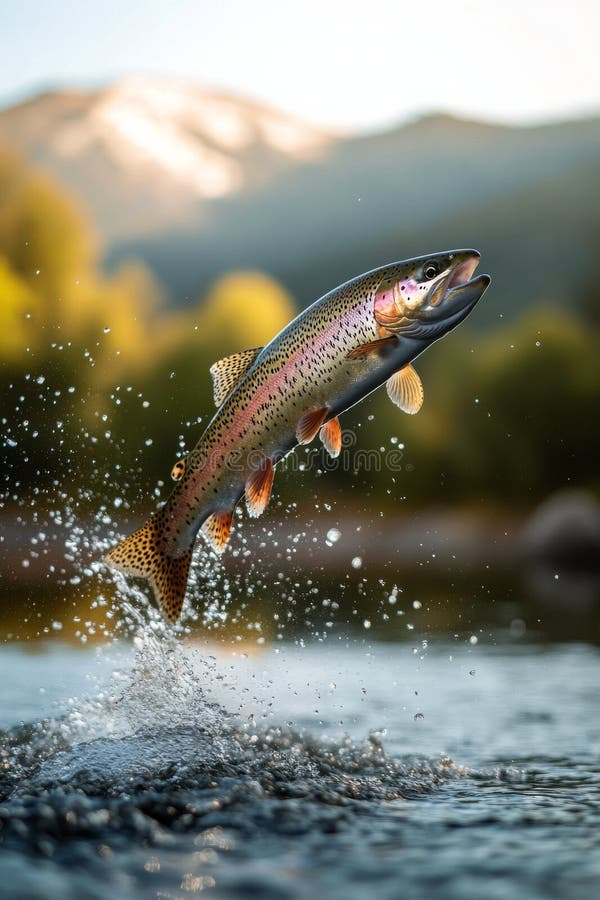 Rainbow Trout Jumping Out of Clear Water with Mountains in the ...