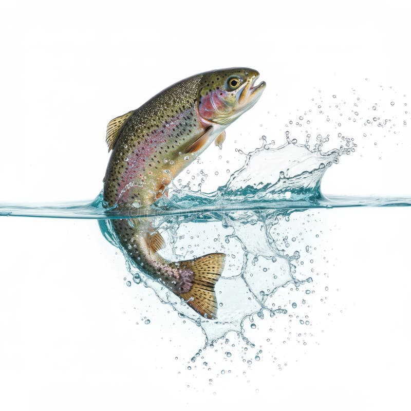 A Rainbow Trout Leaping from Clear Water Creating a Splash Against a ...